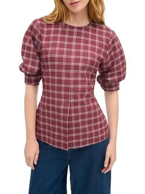ALIGNE Janey Ruched Sleeve Plaid Top