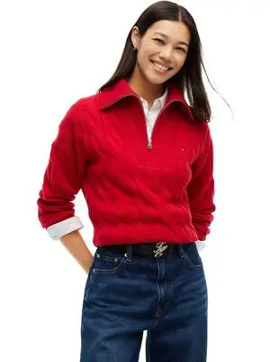 Tommy Hilfiger Women's Cable Knit Quarter-zip Sweater - Medium Red