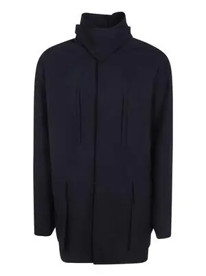 RICK OWENS RICK OWENS FW26 TOWER RUNWAY COLLARED MAC IN BLACK WOOL WHIPCORD AND WAXY LAMB LEATHER