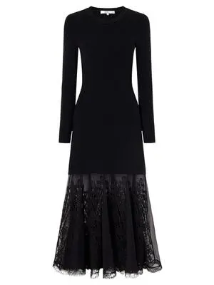 SEA Embroidered Tulle-trimmed Wool Midi Dress