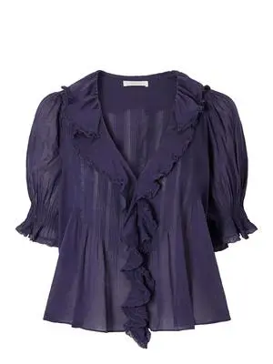 DÔEN Henri Ruffled Pintucked Lace-trimmed Organic Cotton-voile Blouse Navy