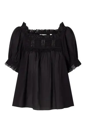 DÔEN Frances Ruched Lace-trimmed Organic Cotton-blend Voile Blouse