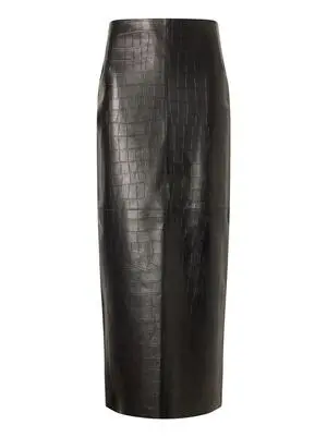 NOUR HAMMOUR Elyse Paneled Croc-effect Leather Midi Skirt