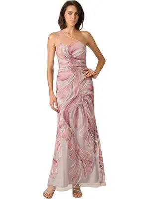 AIDAN MATTOX One Shoulder Soutache Petal Beaded Illusion Gown In Pink Multi