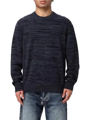 BOSS Abstract Pattern Virgin Wool Crew-neck Jumper With Ribbed Trims Blue
