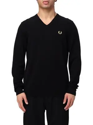 Fred Perry V-neck Wool And Cotton Blend Jumper With Embroidered Logo - Black
