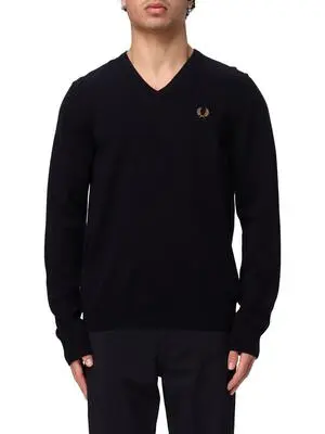 Fred Perry V-neck Wool And Cotton Blend Jumper With Embroidered Logo Navy