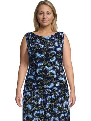 LANDS' END Plus Size Sleeveless Silky Knit Drape Front Top Deep Sea/blue Hydrangea