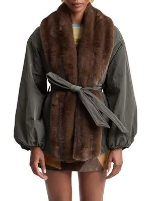 AVEC LES FILLES Balloon Belted Puffer Coat With Faux Fur Trim