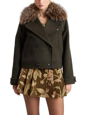 AVEC LES FILLES Faux Fur Collar Cropped Peacoat