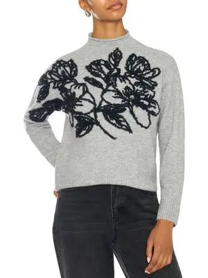 Vince Camuto Floral Embroidered Mock Neck Sweater Light Heather Grey