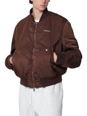 Off-White Zip-up Bomber Jacket In Technical Fabric - Chocolate
