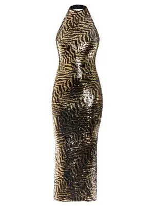 ZHIVAGO The Elsewhere Zebra Sequin Halter Midi Dress - Gold