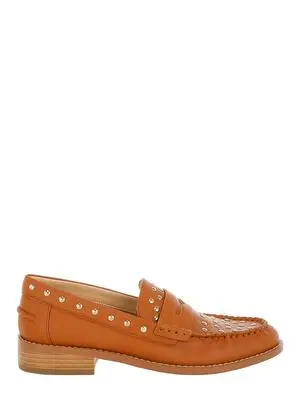 RAG & CO Oglavia Studs Embellished Leather Loafers In Tan By Rag & Co