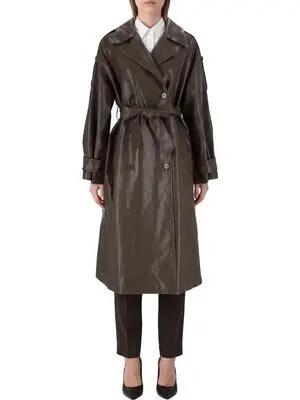 ELEH Double-breasted Faux Leather Long Trench Coat With Belt