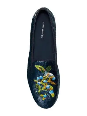 Tory Burch Floral Embellished Smoking Slippers Medium Nav