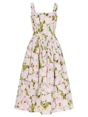 Oscar De La Renta Belted Pleated Floral-print Midi Dress - Pink