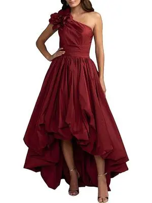 Mac Duggal One Shoulder High Low Gown With 3d Flower - Ruby
