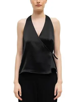 LESET Barb Sleeveless Satin Wrap Top Black