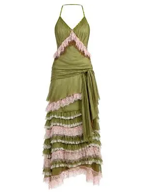 SALMA OSMAN Satin Ruffle Halter Silk-Blend Gown