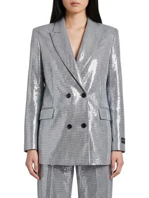 ERMANNO FIRENZE Double-breasted Houndstooth Bouclé Blazer With Sequins