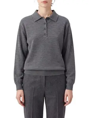SOLOTRE Long-sleeved Wool Knit Polo Shirt With Ribbed Collar Grey