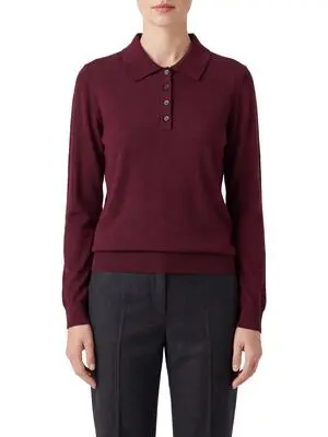 SOLOTRE Long-sleeved Wool Knit Polo Shirt With Ribbed Collar Wine