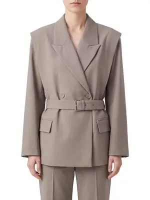 SOLOTRE Polyester Double-breasted Blazer With Waist Belt And Peak Lapels