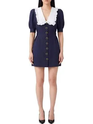 Alessandra Rich Silk Chemisier Mini Dress With Ruffled Collar Navy
