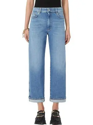 Sportmax Mid-rise Cropped Straight-leg Jeans In Cotton Denim With Turn-ups Blue