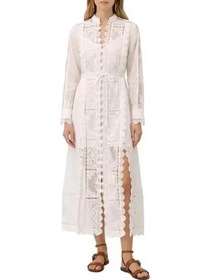 ZIMMERMANN Aster Midi Caftan In Ramie With Mandarin Collar And Lace Inserts