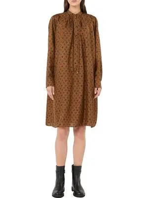 MAX MARA Monogram Print Silk Mini Shirt Dress With Mandarin Collar