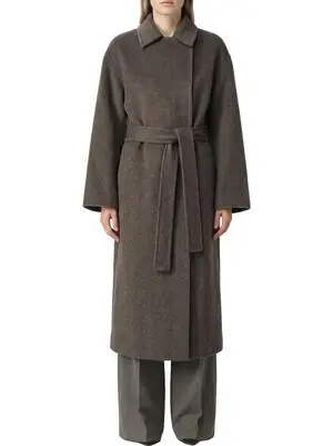 GRIFONI Double-breasted Long Wool Blend Coat With Waist Belt