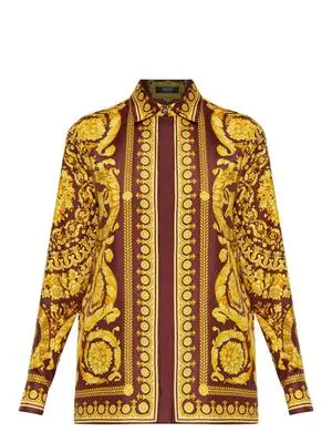 Versace Versace Baroque Print Silk Shirt With Medusa Button & Pointed Collar Multicolor