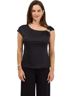 24SEVEN COMFORT APPAREL Elevate Womens Cap Sleeve Asymmetrical Boat Neck Shoulder Brooch Top Black