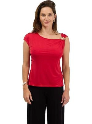 24SEVEN COMFORT APPAREL Elevate Womens Cap Sleeve Asymmetrical Boat Neck Shoulder Brooch Top Red