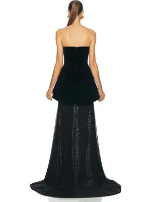 DAVID KOMA Strapless Curved Hem Gown With Mesh Skirt