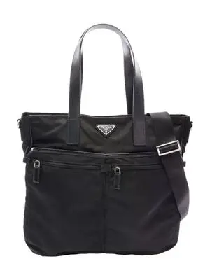 Prada 2010s Triangle Logo Saffiano Leather Tote Bag - Black