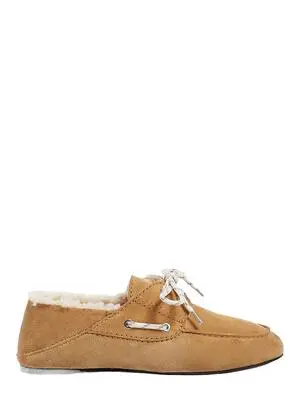 Sandro Suede Shearling Lined Boat Shoes Camel