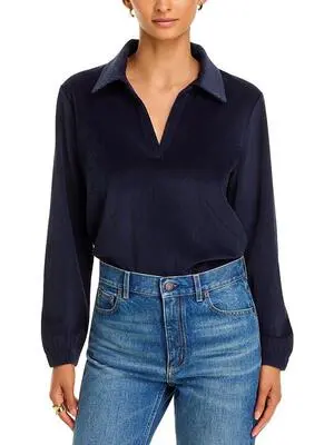 Veronica Beard Issa Long Sleeve Ribbed Polo Shirt Navy