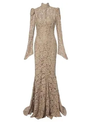 DE LA VALI Votiva Lace Lamé Gown Beige