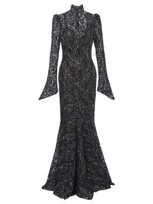 DE LA VALI Votiva Lace Lamé Gown Black