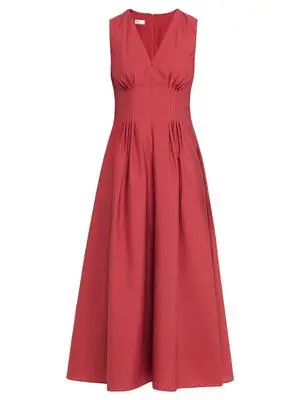 BRUNELLO CUCINELLI V-neck Pleated Techno Cotton Poplin Sleeveless Midi Dress