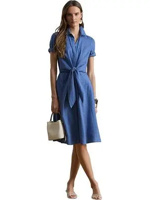 Ralph Lauren Petites Tie Front Linen Shirt Dress Blue