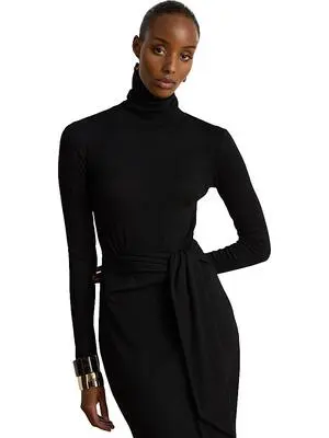 RALPH LAUREN Tie Front Rib Knit Turtleneck Dress