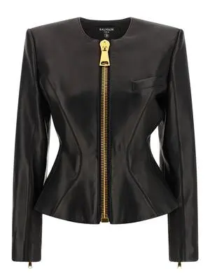 BALMAIN Leather Jacket With Gold-tone Zip