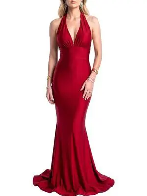 JESSICA ANGEL Halter Plunge Strappy Back Drape Mermaid Evening Gown Red