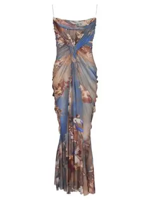 BALMAIN BALMAIN Sky Printed Draped Tulle Maxi Dress