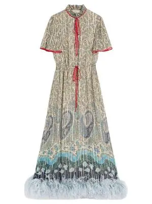 Valentino Garavani Pekin Midi Dress With Voyage Imaginaire Paisley And Feather Boa - Multicolour