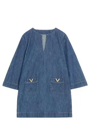 Valentino Garavani Denim Chambray Kaftan Dress With V Detail - Blue